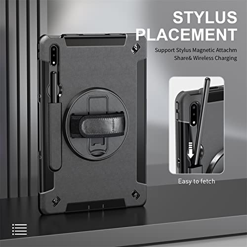 Case for Lenovo Tab P12 Pro 12.6-Inch (TB-Q706F /TB-Q706Z), 3 Layer Hybrid Shockproof Rugged Protective Case with 360° Rotating Stand - Hand Strap - Shoulder Strap,Black