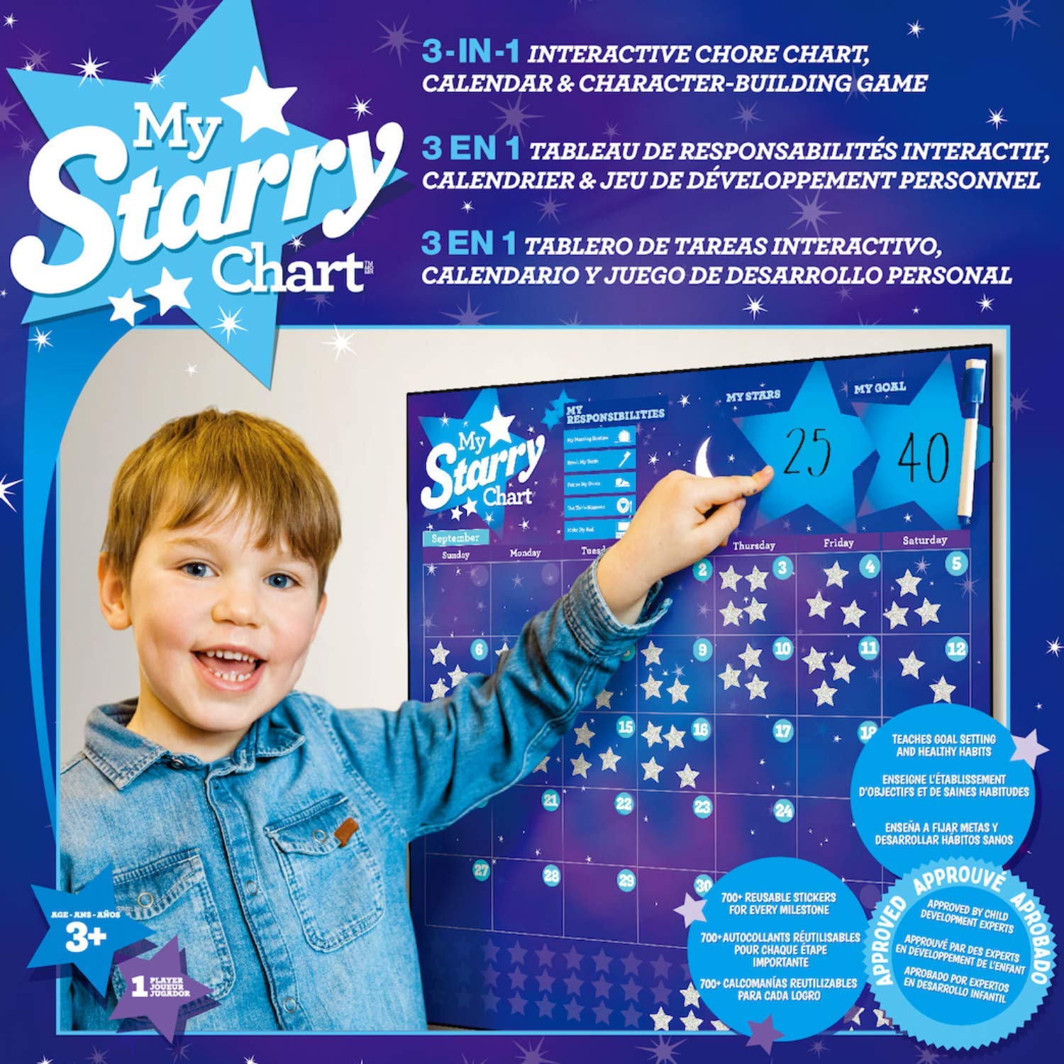 My Starry Chart - Kids Chore Chart Calendar Board for Behavior, Reward, Responsibility, Incentive & Routine at Home - Homeschool Planner Supplies with Dry Erase Reusable Stickers - Preschool Learning