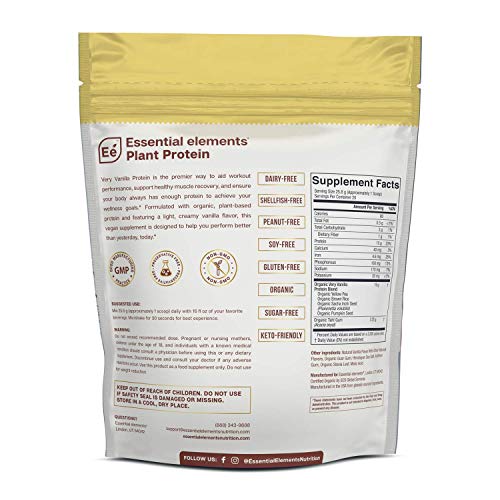 Essential Elements Organic Pea Protein Powder - Very Vanilla | Low-carb Plant-Based Vegan Blend - Keto-Friendly and Gluten-Free | 20 Servings, 18.2 oz