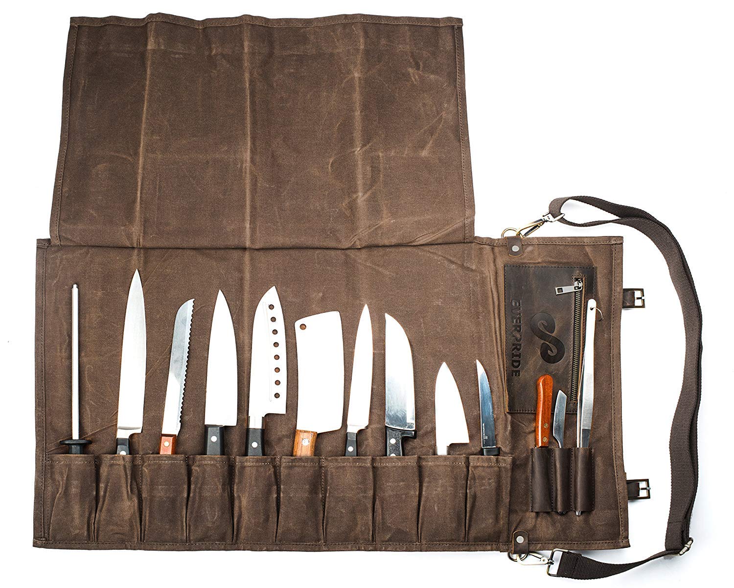 EVERPRIDE Chef’s Knife Roll Bag PLUS Knife Guard Set (10-Piece Set) Canvas and Leather Knife Bag Holds 10 Knives and Cooking Tools – Felt-Lined and BPA Free Knife Sheath Set – Knives Not Included