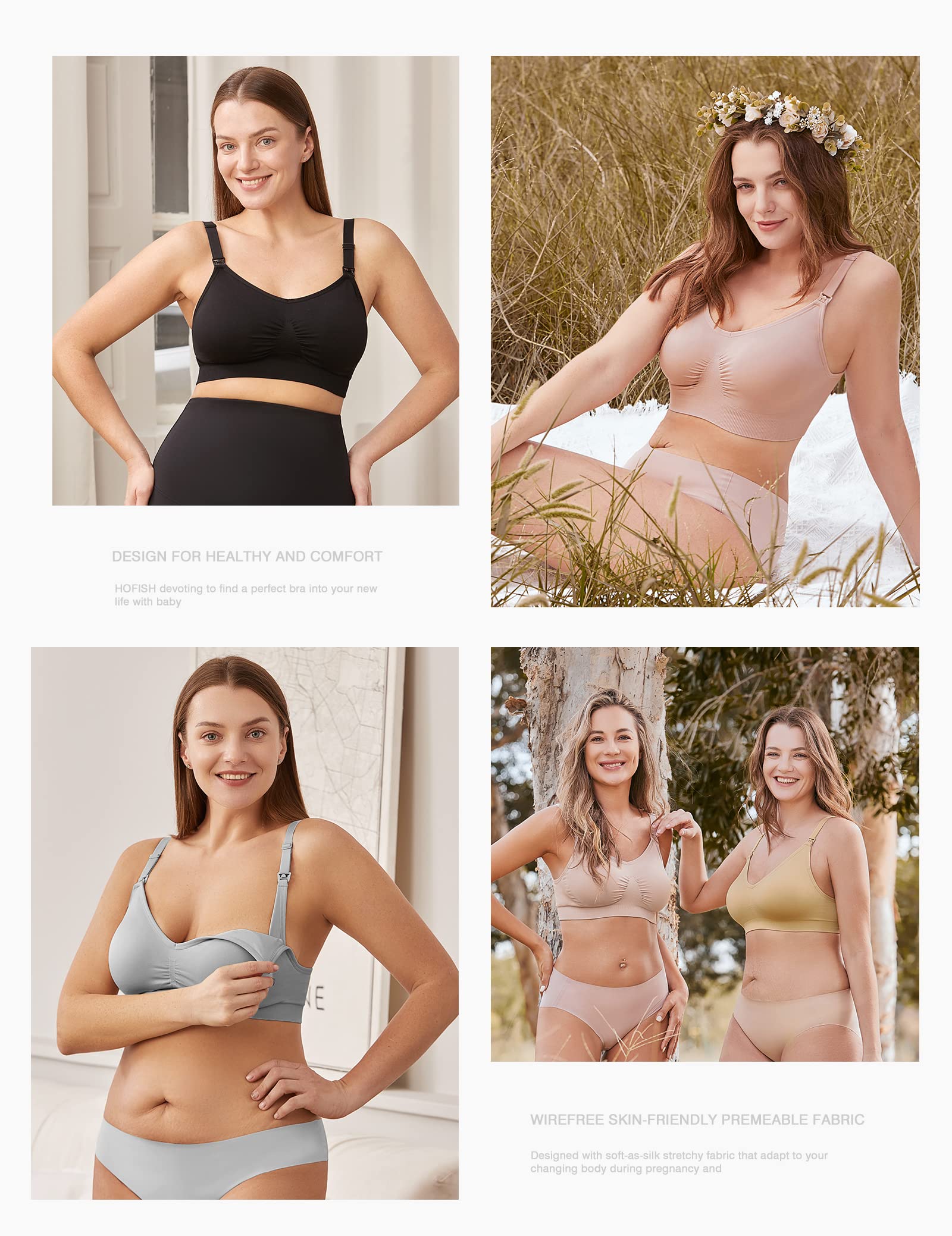 HOFISH 3PACK Full Bust Seamless Nursing Maternity Bras 3Pack Black,Grey,Elegant Pink Large
