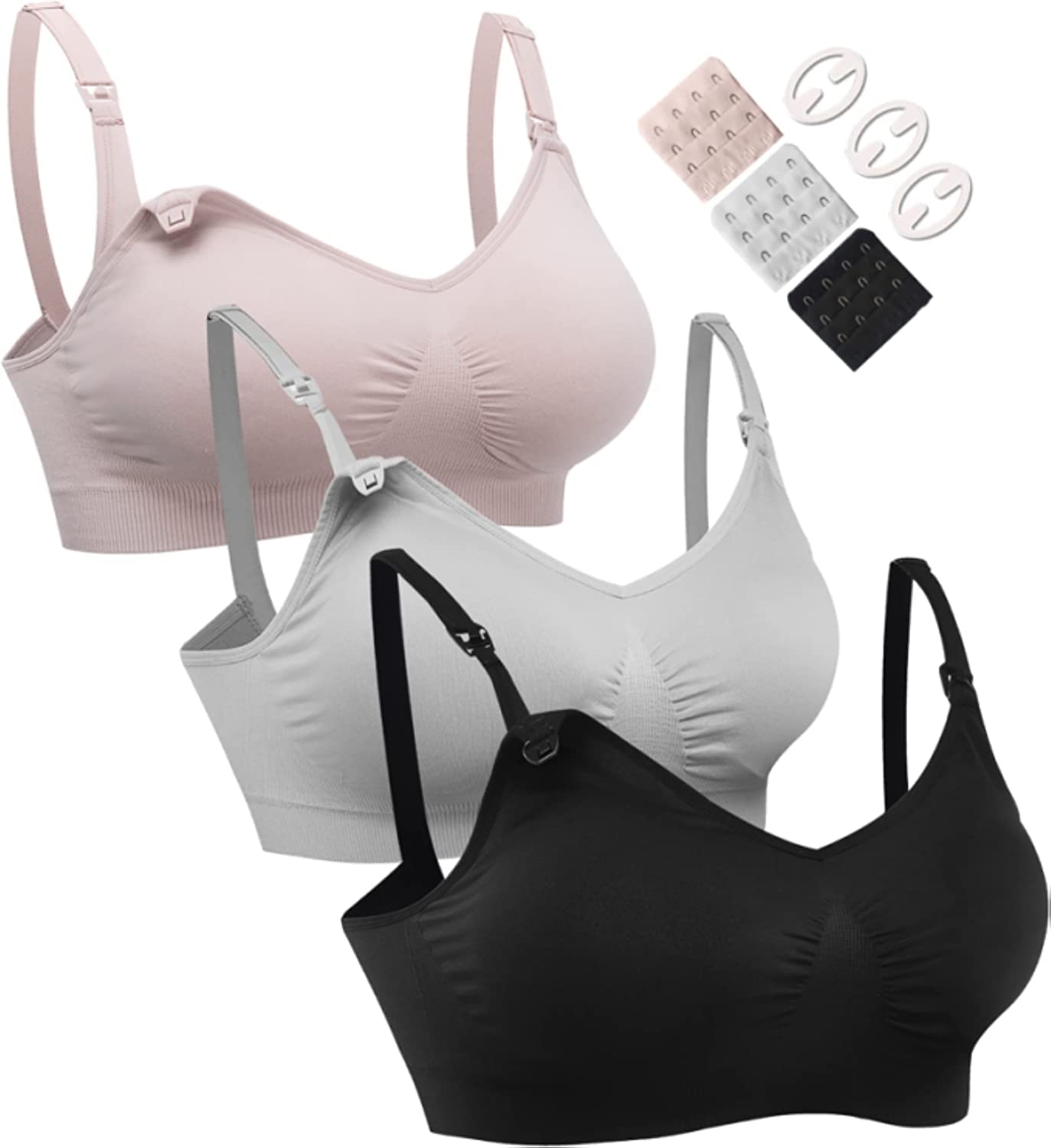 HOFISH 3PACK Full Bust Seamless Nursing Maternity Bras 3Pack Black,Grey,Elegant Pink Large