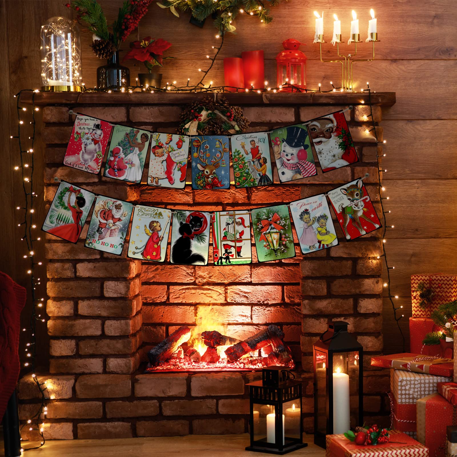 2 Pcs Black Santa Decorations African American Santa Claus Christmas Banner Vintage Christmas Bunting Retro Xmas Art Picture for Fireplace Mantel Home Office Party