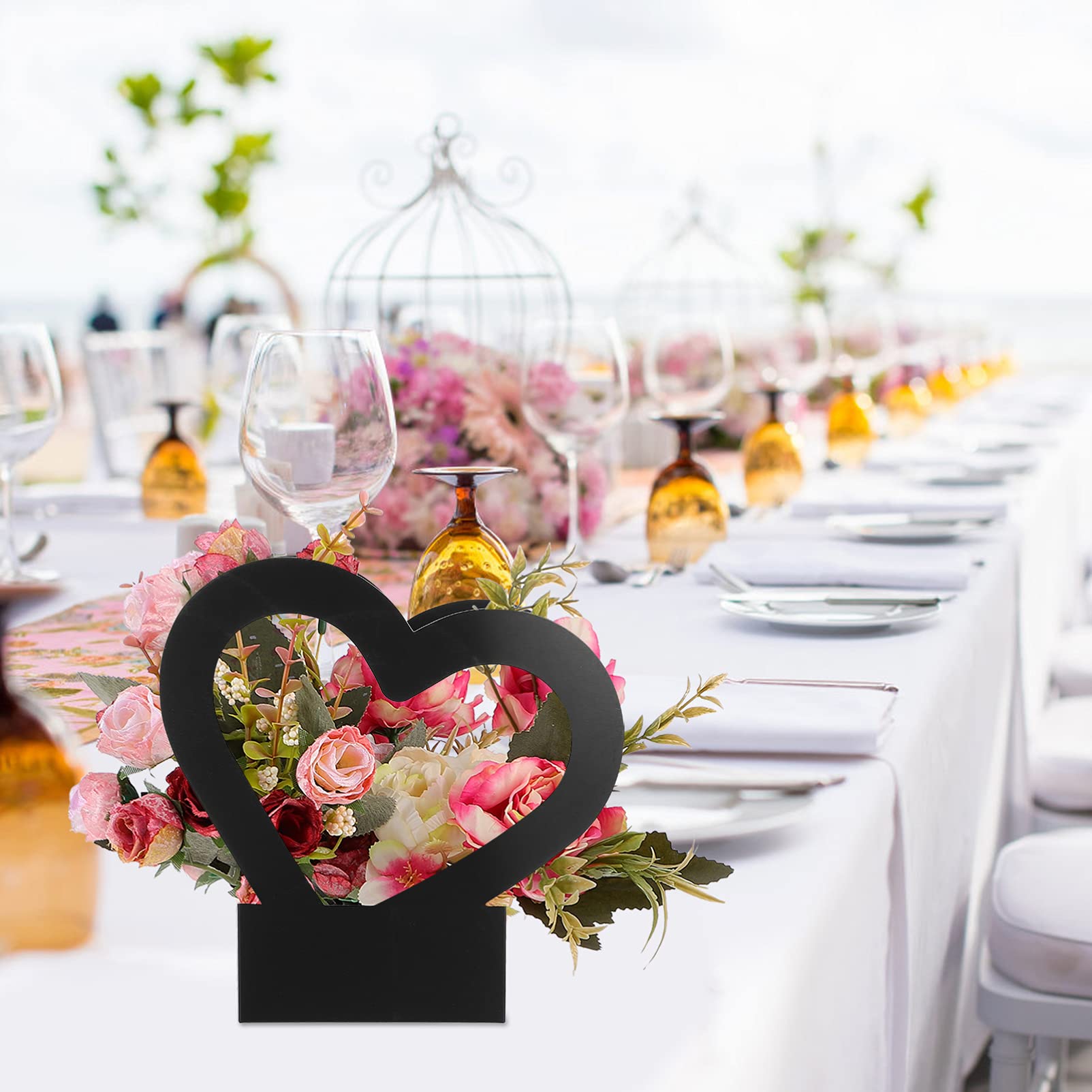 NUOBESTY Bouquet Flower Boxes 2Pcs Flower Box Heart Shaped Flower Bouquet Gift Packaging Boxes with Handle Flower Arrangement Basket Craft Paper Gift Bags Black Handheld Floral Basket