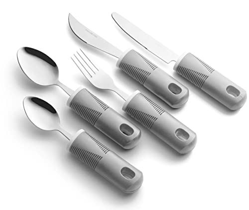 Special Supplies Adaptive Utensils (5-Piece Kitchen Set) Wide, Non-Weighted, Non-Slip Handles for Hand Tremors, Arthritis, Parkinsonās or Elderly Use - Stainless Steel (Grey)
