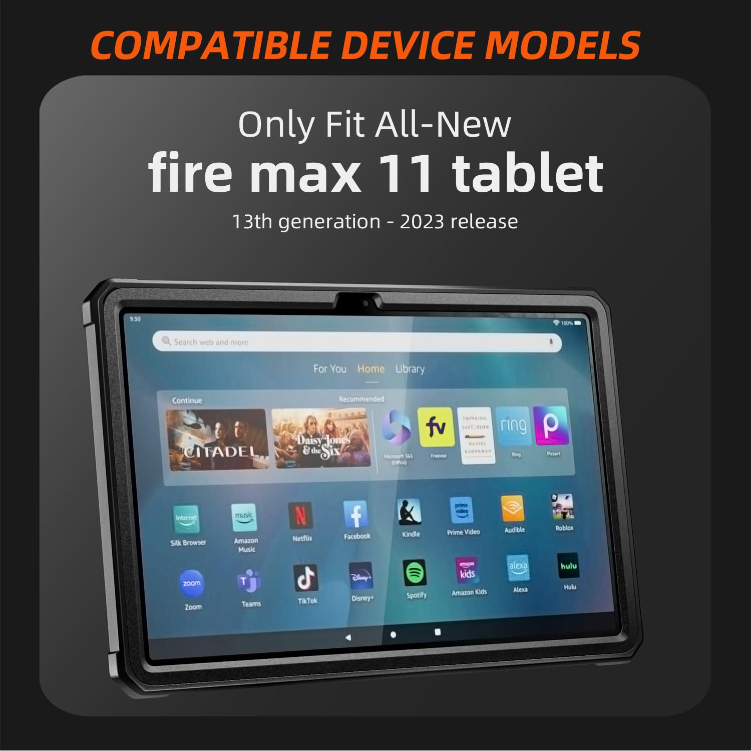 All-New Amazon Fire Max 11 Tablet case (13th Generation, 2023 Release), DJ&RPPQ Full Body Rugged Hands-Free Viewing Stand Back Cover with Screen Protector, Incompatible with iPad Samsung - Black