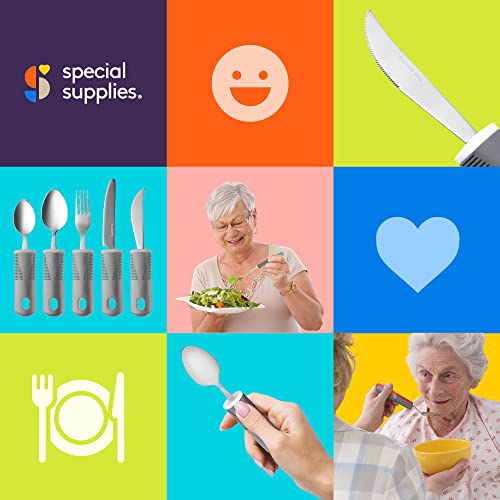 Special Supplies Adaptive Utensils (5-Piece Kitchen Set) Wide, Non-Weighted, Non-Slip Handles for Hand Tremors, Arthritis, Parkinsonās or Elderly Use - Stainless Steel (Grey)