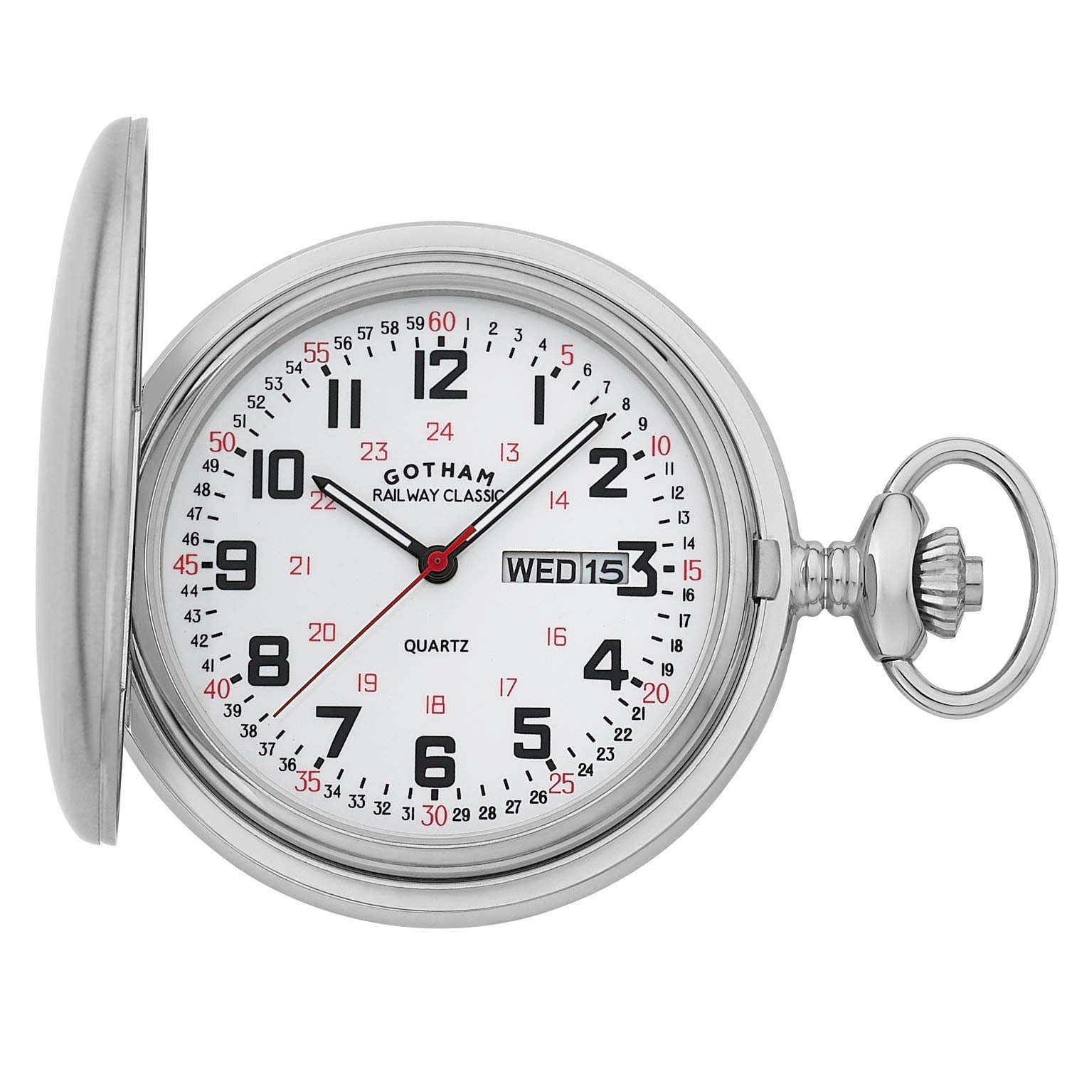 Gotham Men's Railway Classic Stainless Steel Analog Quartz Day/Date Hunter Pocket Watch # GWC14110S