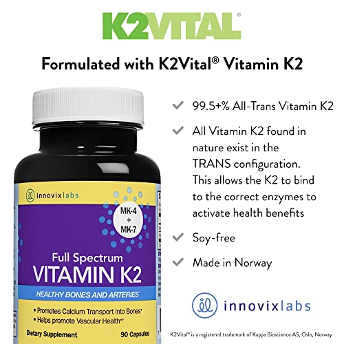 InnovixLabs Full Spectrum Vitamin K2 with MK-7 and MK-4, All-Trans Bioactive K2, 600 mcg K2 per Pill, Soy & Gluten Free, Non-GMO, 90 Capsules, Supports Healthy Bones & Arteries Vitamin K2 MK7 + MK4