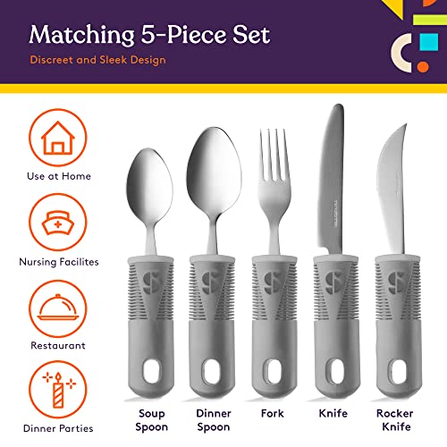 Special Supplies Adaptive Utensils (5-Piece Kitchen Set) Wide, Non-Weighted, Non-Slip Handles for Hand Tremors, Arthritis, Parkinsonās or Elderly Use - Stainless Steel (Grey)