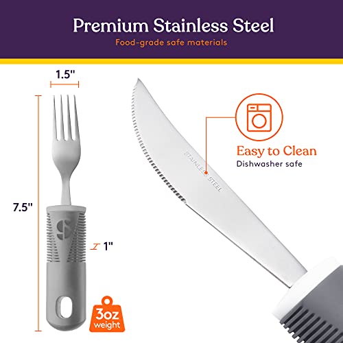 Special Supplies Adaptive Utensils (5-Piece Kitchen Set) Wide, Non-Weighted, Non-Slip Handles for Hand Tremors, Arthritis, Parkinsonās or Elderly Use - Stainless Steel (Grey)