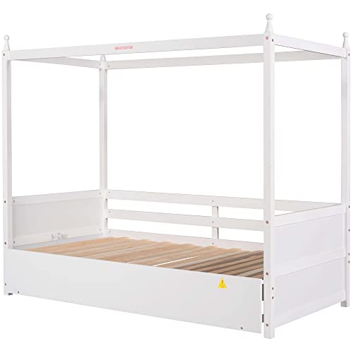 Wooden Canopy Daybed with Trundle Bed, Twin Bed to King Design Sofa Bed, 78.3" L x75.9 W Extendable Bed Daybed for Bedroom Living Room