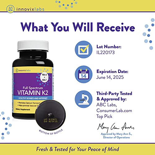 InnovixLabs Full Spectrum Vitamin K2 with MK-7 and MK-4, All-Trans Bioactive K2, 600 mcg K2 per Pill, Soy & Gluten Free, Non-GMO, 90 Capsules, Supports Healthy Bones & Arteries Vitamin K2 MK7 + MK4