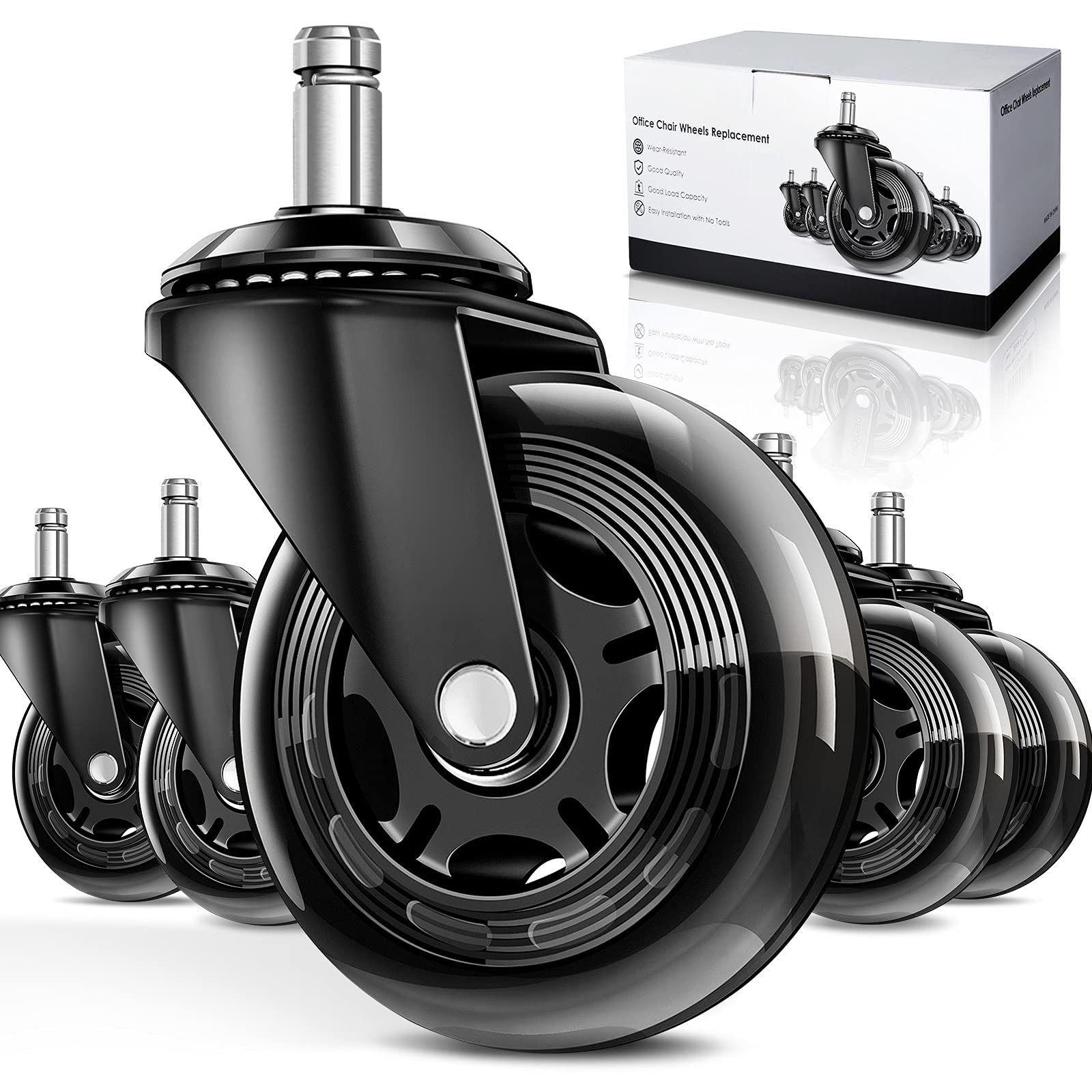 Office Chair Wheels，Heavy Duty Casters Set of 5,Caster Wheels 3 Inch, Suitable for All Floors (Carpet, Hardwood), Rubber Replacement Casters That Most Computer Chairs, Game Chairs,Desk Chairs Can Use