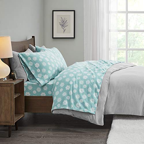 Sleep Philosophy True North Micro Fleece Bed Sheet Set, Warm, Sheets with 14" Deep Pocket, for Cold Season Cozy Sheet-Set, Matching Pillow Case, Twin, Blue Snowflake, 3 Piece