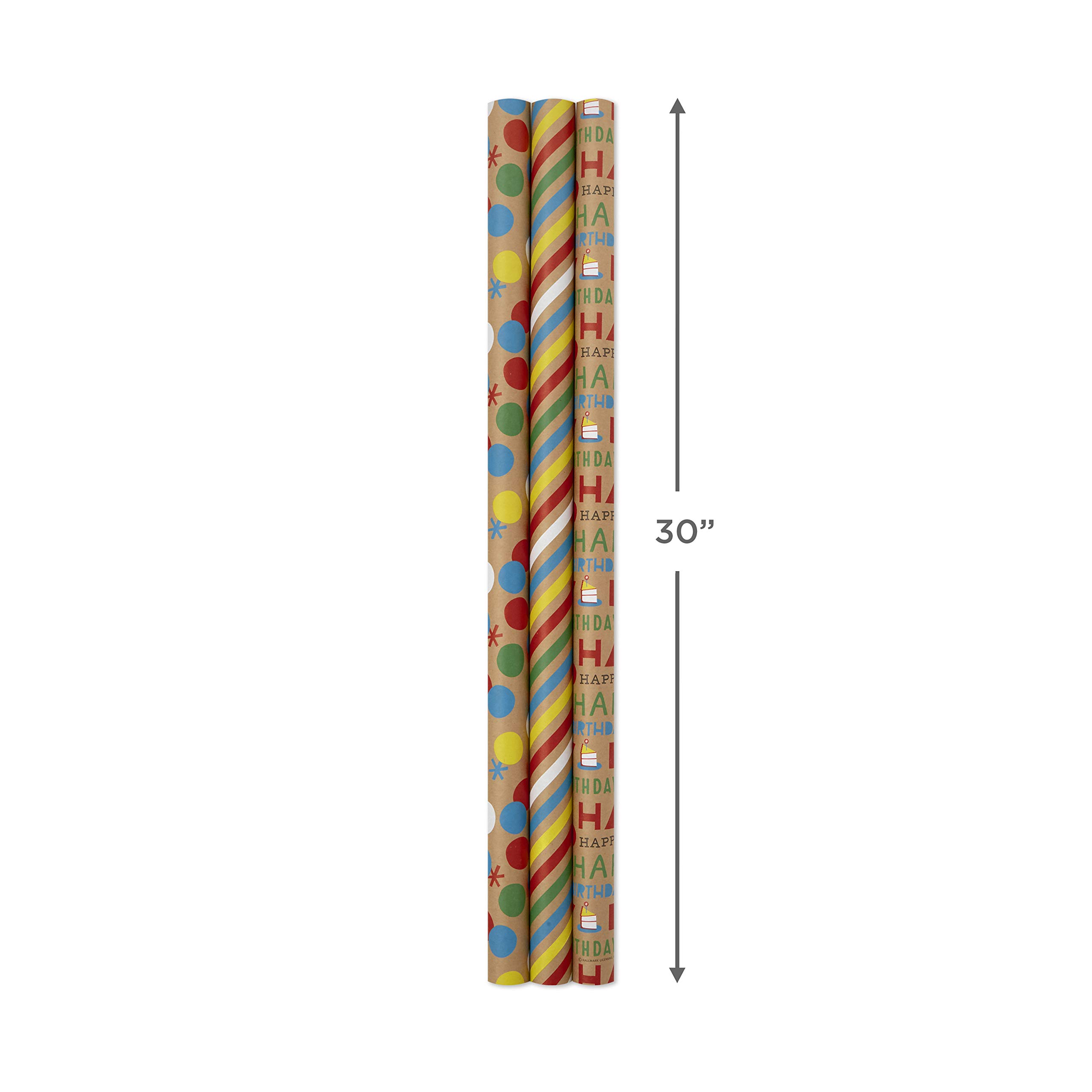 Hallmark All Occasion Wrapping Paper with Kraft on Reverse (3 Rolls: 105 sq. ft. ttl.) Birthday, Rainbow Stripes, Polka Dots for Parties, Kids Crafts, DIY Decorations, Care Packages or Any Occasion