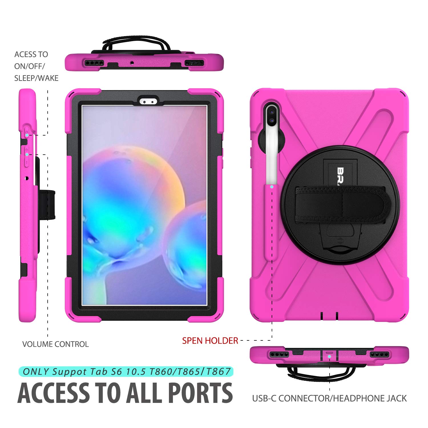 BRAECN for Galaxy Tab S6 10.5 2019 Case T860,Heavy Duty Shockproof Rugged Case with Hand Strap/360 Rotating Stand and Shoulder Strap for Samsung Tab S6 SM-T860/T865/T867 2019 (Rose Red)