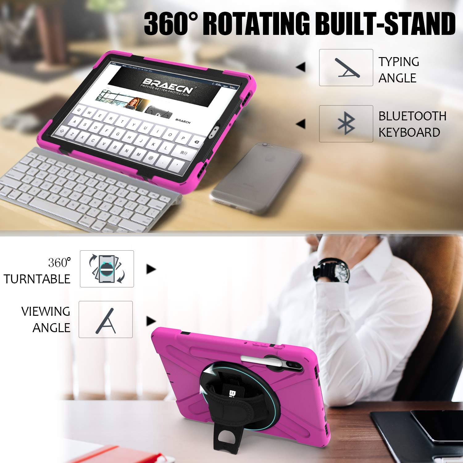 BRAECN for Galaxy Tab S6 10.5 2019 Case T860,Heavy Duty Shockproof Rugged Case with Hand Strap/360 Rotating Stand and Shoulder Strap for Samsung Tab S6 SM-T860/T865/T867 2019 (Rose Red)