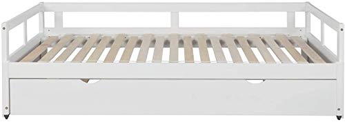 MERITLINE Daybed with Trundle,Twin to King Trundle Bed Extendable Design, Wooden Daybed/Sofa Bed for Bedroom Living Room,No Box Spring Needed,White