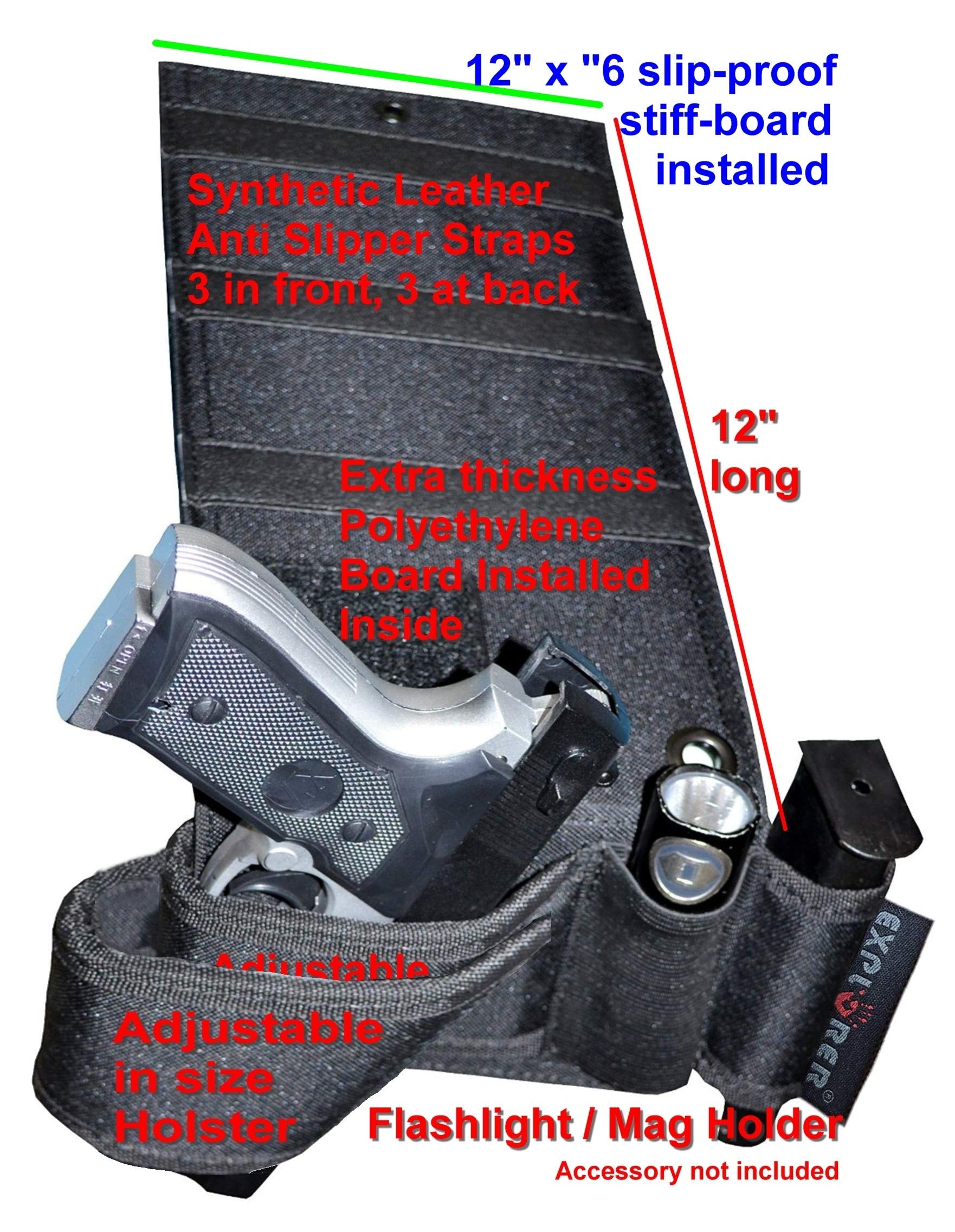 GVN Explorer Adjustable Size Mattress Bed Handgun Holster for Under Vehicle Seat, Office Seat Concealed Handgun Holster with Tactical Flashlight