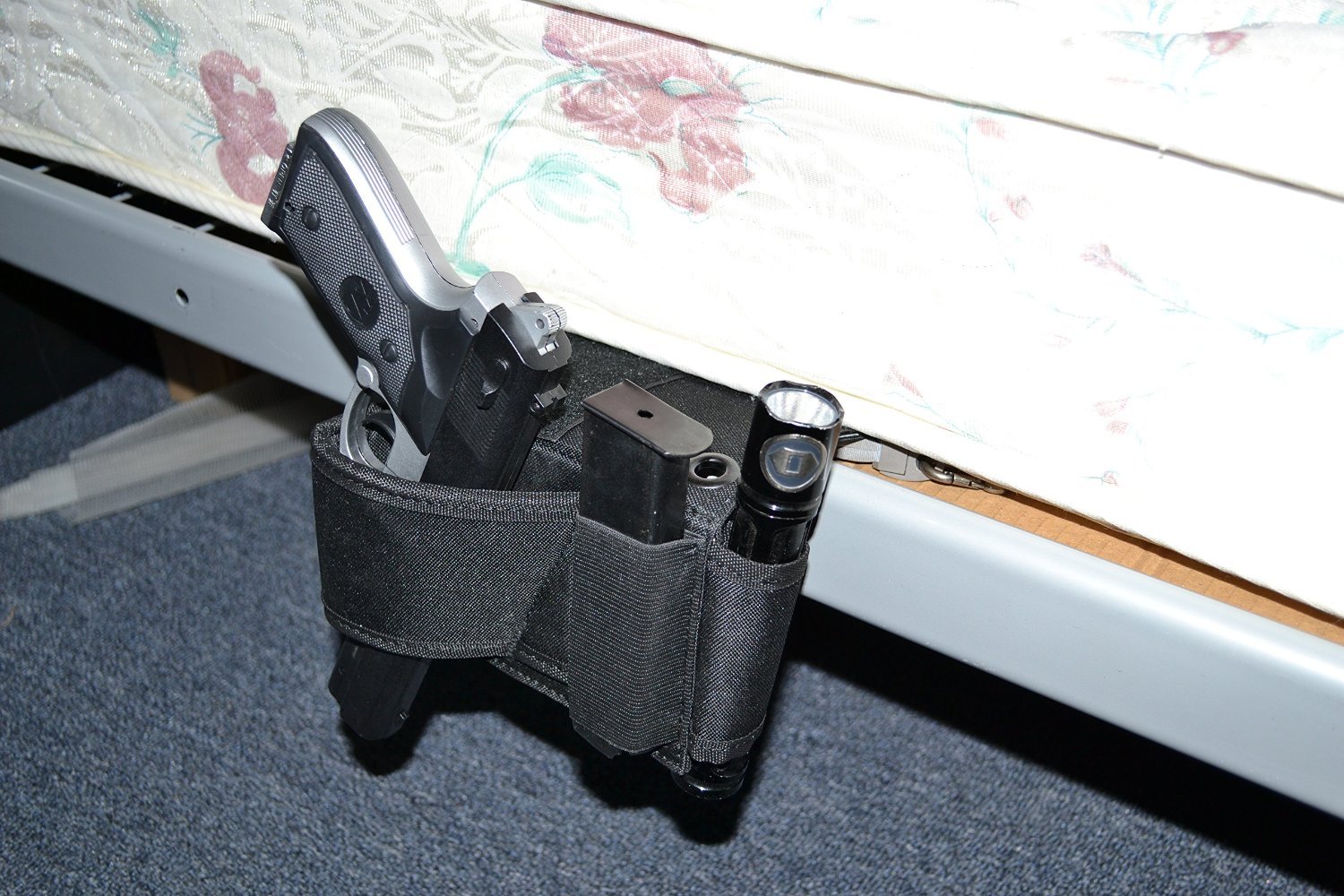 GVN Explorer Adjustable Size Mattress Bed Handgun Holster for Under Vehicle Seat, Office Seat Concealed Handgun Holster with Tactical Flashlight