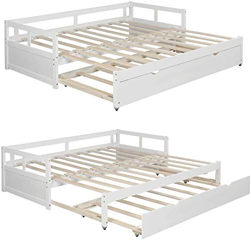 MERITLINE Daybed with Trundle,Twin to King Trundle Bed Extendable Design, Wooden Daybed/Sofa Bed for Bedroom Living Room,No Box Spring Needed,White