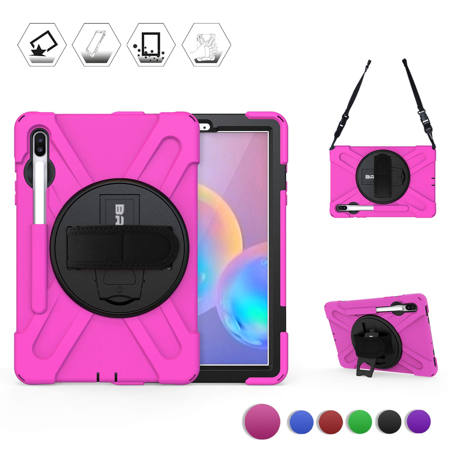 BRAECN for Galaxy Tab S6 10.5 2019 Case T860,Heavy Duty Shockproof Rugged Case with Hand Strap/360 Rotating Stand and Shoulder Strap for Samsung Tab S6 SM-T860/T865/T867 2019 (Rose Red)