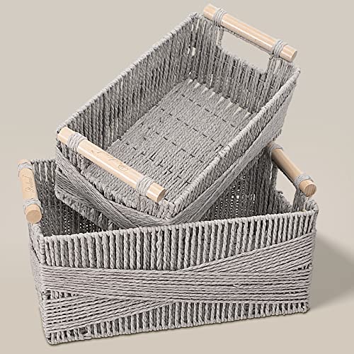 Storage Basket with Handle, Large Rectangular Wicker Basket for Organizing, Decorative Wicker Storage Basket Woven Basket Organizers for Living Room, Set of 2…