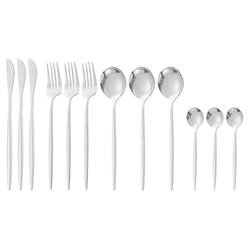 12pcs Tableware Set, 410 Stainless Steel Flatware Set Spoons Knives Forks with Comfortable Long Handle, Elegant Minimalist Appearance Cutlery Set for Picnics Camping Travel (silver)
