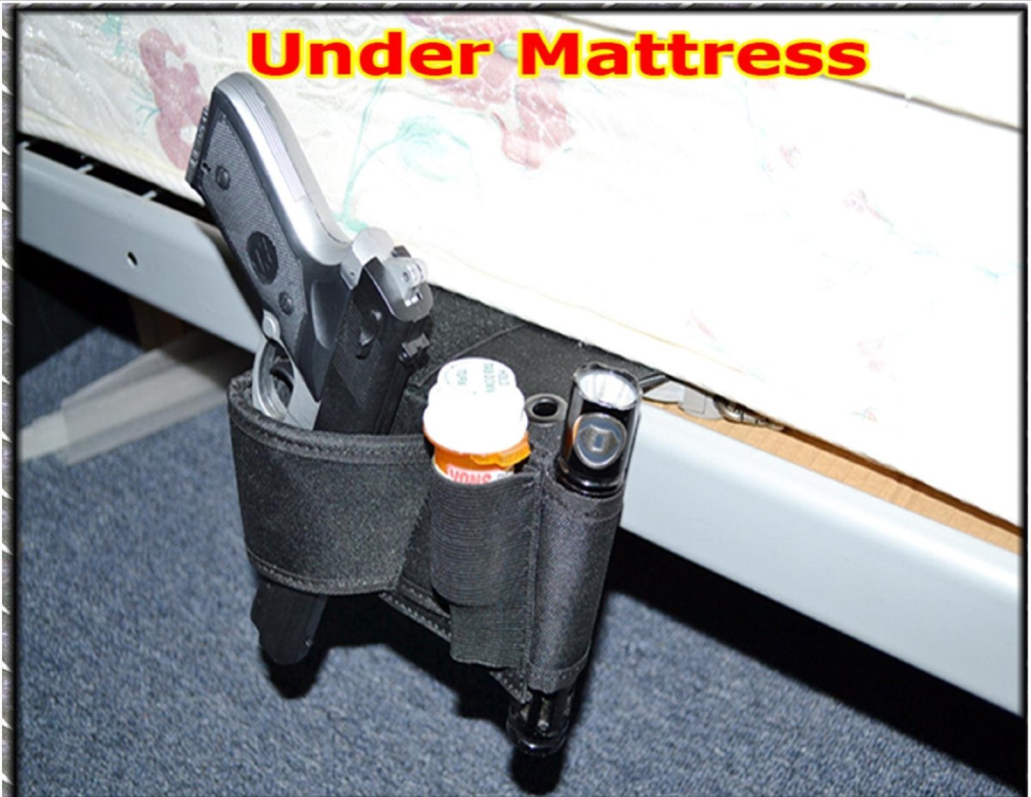 GVN Explorer Adjustable Size Mattress Bed Handgun Holster for Under Vehicle Seat, Office Seat Concealed Handgun Holster with Tactical Flashlight