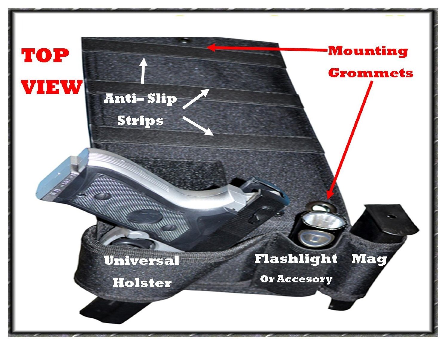 GVN Explorer Adjustable Size Mattress Bed Handgun Holster for Under Vehicle Seat, Office Seat Concealed Handgun Holster with Tactical Flashlight