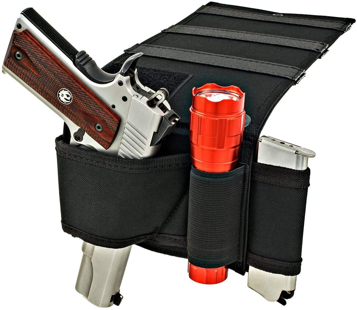 GVN Explorer Adjustable Size Mattress Bed Handgun Holster for Under Vehicle Seat, Office Seat Concealed Handgun Holster with Tactical Flashlight