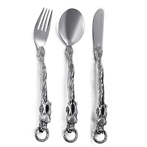 Silverware Set Handmade Cutlery Set of 18 Service for 6 Premium Stainless Steel Utensils,Including Knife/Fork/Spoon For Home Kitchen Halloween Decoration Gift For Gothic,Skull,Skeleton Lover