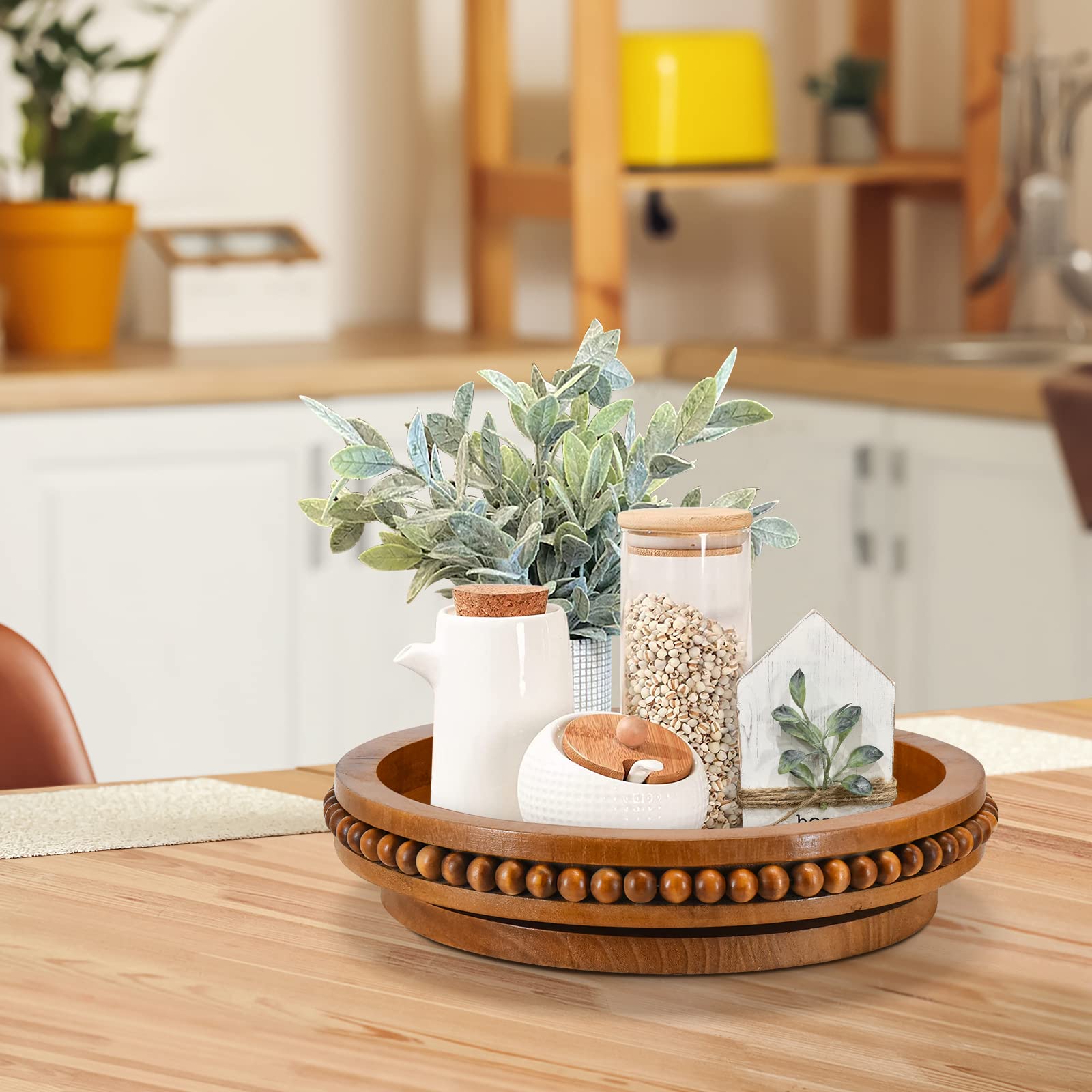 Farmhouse Lazy Susan Organizer,Decorative Tray Riser,Lazy Susan for Table, Counter Lazy Susan Turntable Organizer with Beads,360 Degrees Rotating Display Stand for Spice Racks,Centerpiece Tray,Brown