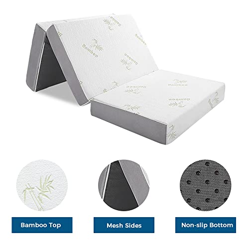 Inofia Full Folding Mattress, 4 Inch Trifold Memory Foam Mattress with Ultra Soft Bamboo Cover, Foldable & Portable - Full Size, Mattress Topper