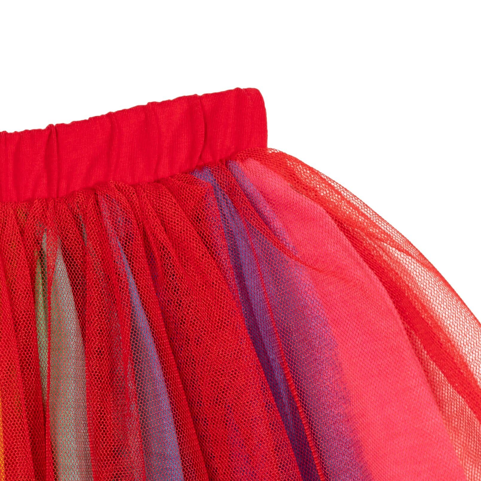 Sesame Street Elmo Toddler Girls Graphic T-Shirt Mesh Skirt and Scrunchie 3 Piece Outfit Set Red/Rainbow 2T