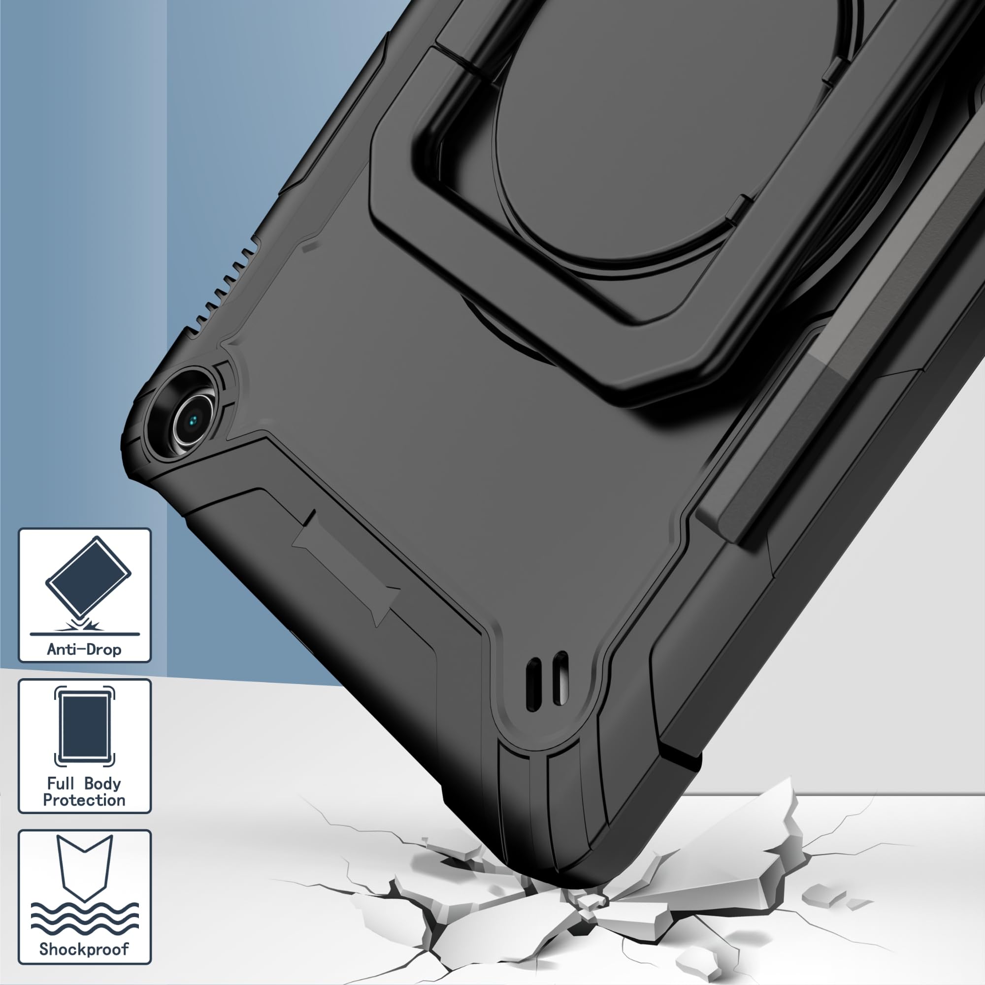 zukof Case for Amazon Fire Max 11 inch Tablet (13th Generation, 2023 Release) Hybrid Shockproof 360 Rotating Multi-Functional Ring Stand Case with Shoulder Straps (Black/Black)