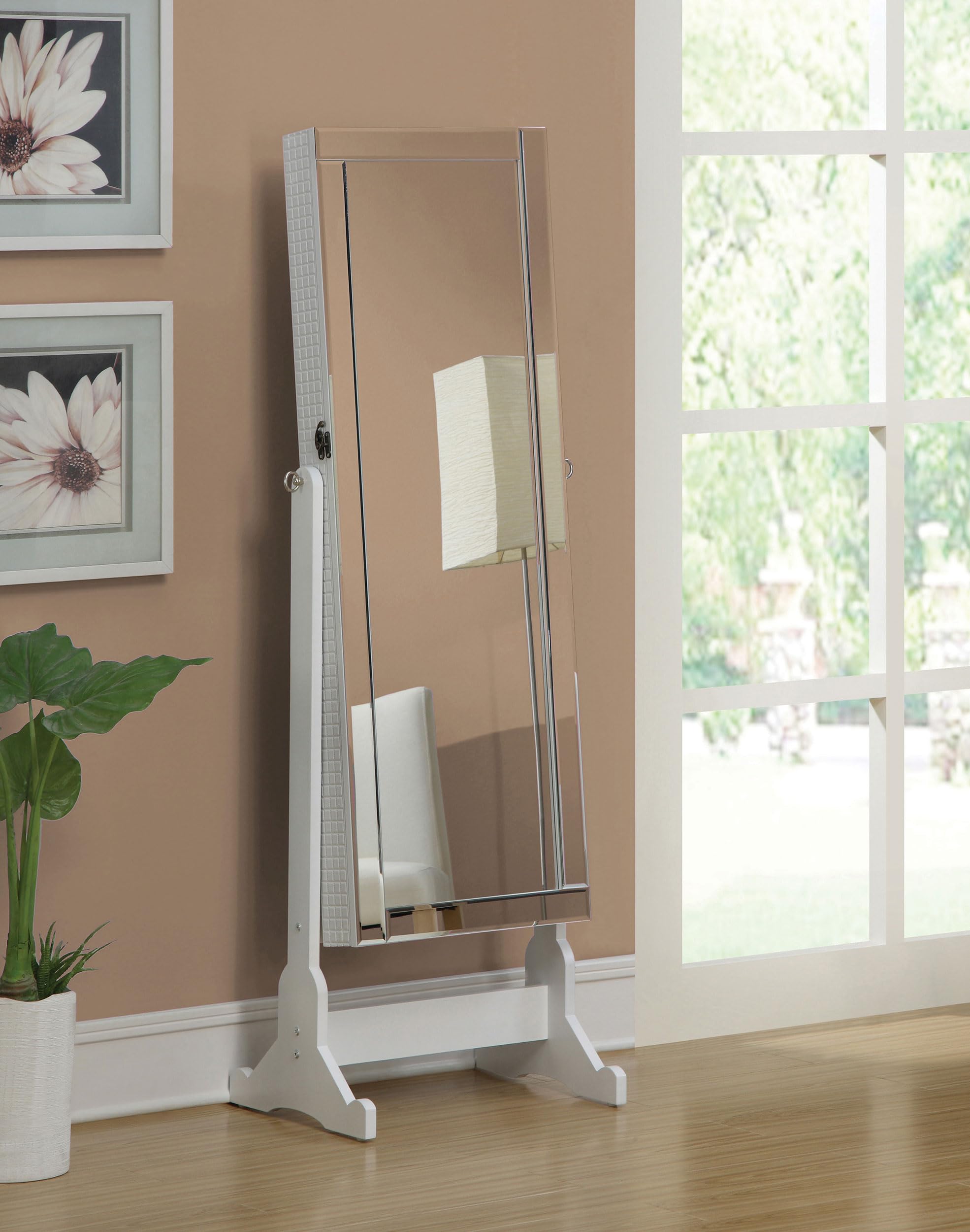 Coaster Home Furnishings Zayas Contemporary Rectangular Cheval Mirror with Jewelry Storage Adjustable Bedroom Mirror Jewelry Armoire White 901827