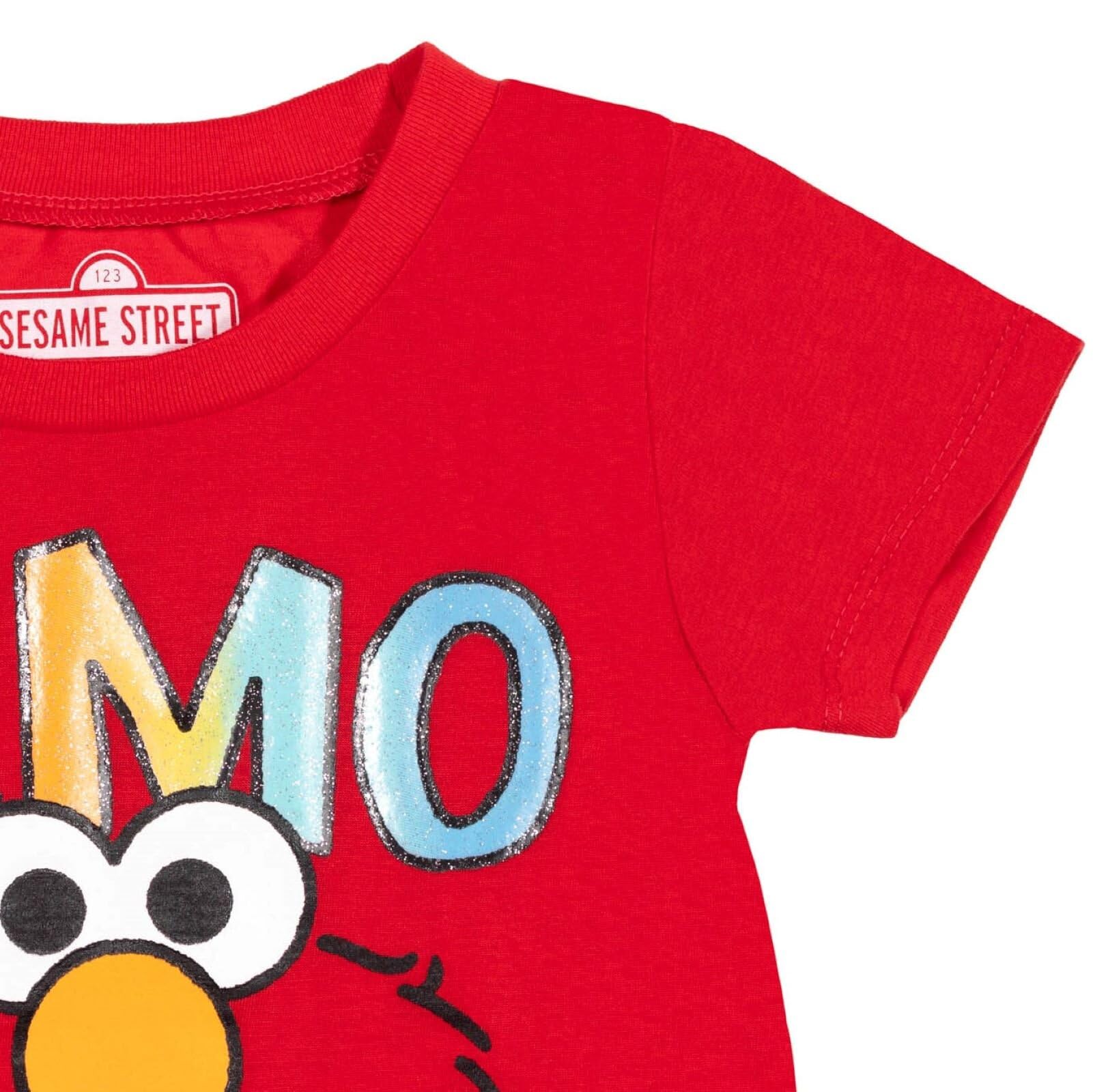 Sesame Street Elmo Toddler Girls Graphic T-Shirt Mesh Skirt and Scrunchie 3 Piece Outfit Set Red/Rainbow 2T
