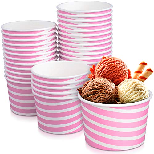 TYPTOP Premium Paper Ice Cream Cups, 50-Pack 12 oz Disposable Dessert cups for Hot and Cold, 12-ounce pink stripe