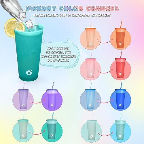 ODOSOLA Plastic Cups with Lids and Straws, 6 Pack 24oz Color Changing Cups, Reusable Cups With Lids and Straws Bulk for Adults Kid Women Party, Cute Cold Tumblers with Lids and Straws for Iced Coffee