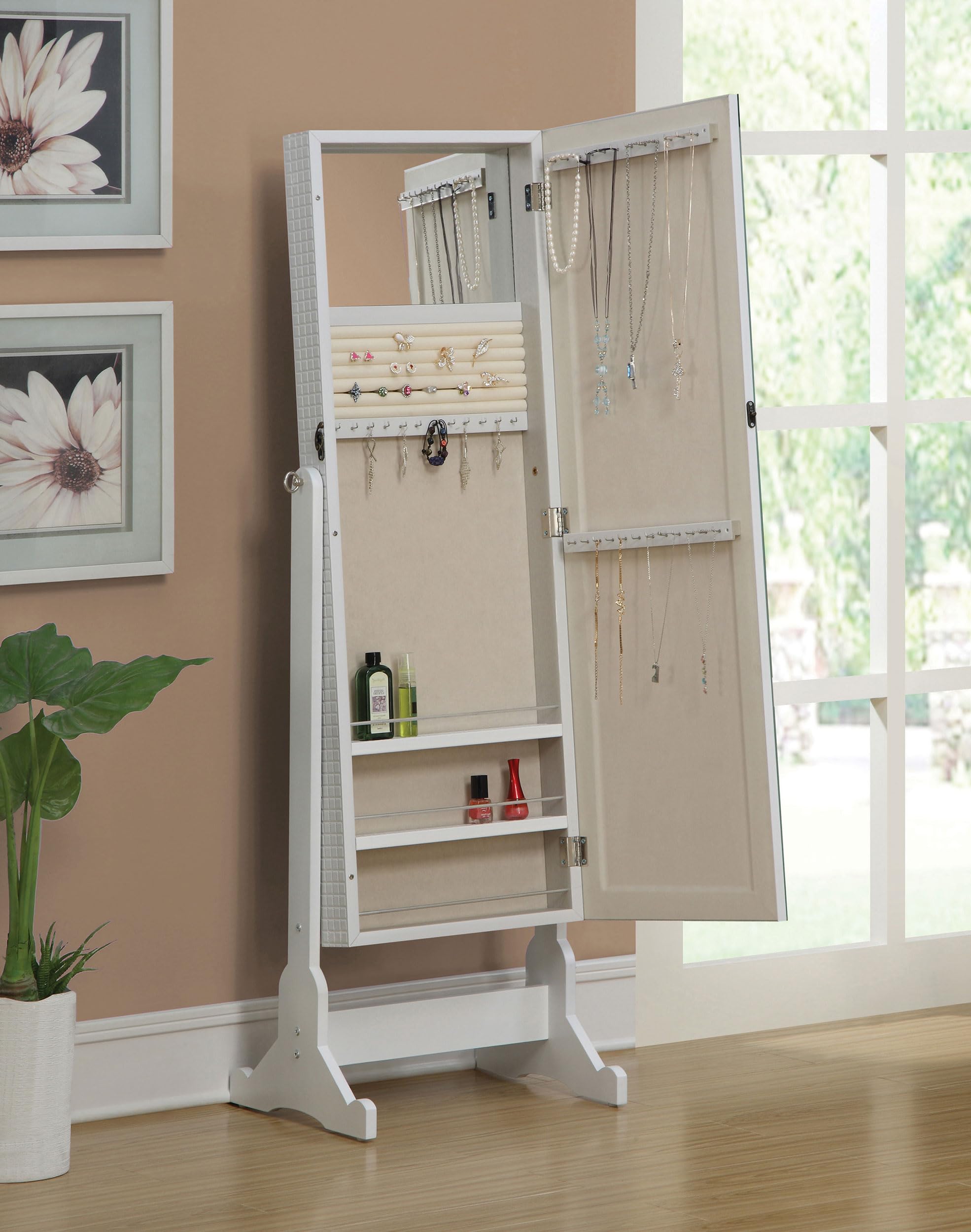Coaster Home Furnishings Zayas Contemporary Rectangular Cheval Mirror with Jewelry Storage Adjustable Bedroom Mirror Jewelry Armoire White 901827