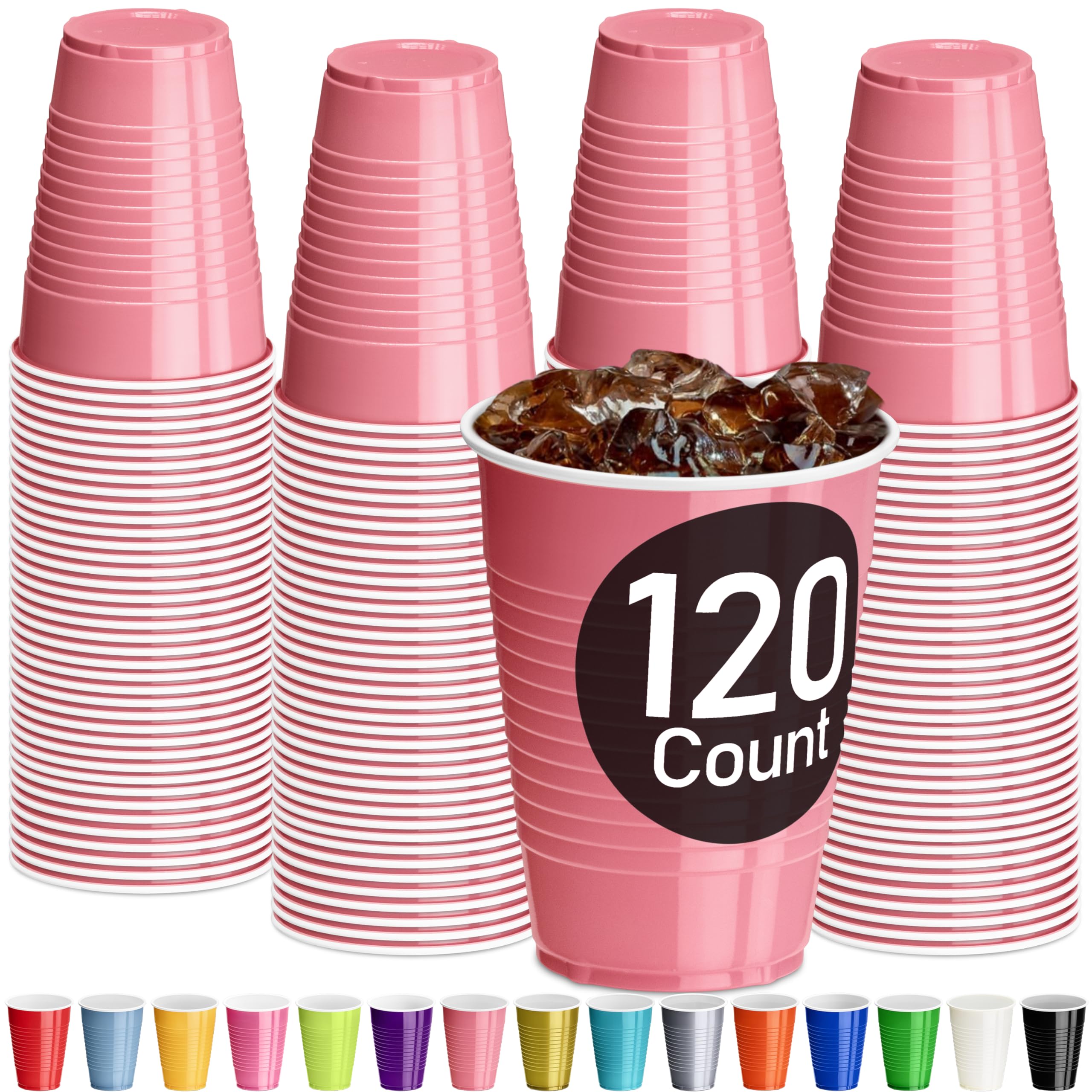 DecorRack Light Pink Plastic Cups, 12 oz Disposable Cups, Reusable Party Supplies (120 Count)