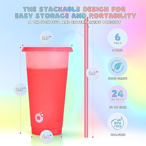 ODOSOLA Plastic Cups with Lids and Straws, 6 Pack 24oz Color Changing Cups, Reusable Cups With Lids and Straws Bulk for Adults Kid Women Party, Cute Cold Tumblers with Lids and Straws for Iced Coffee