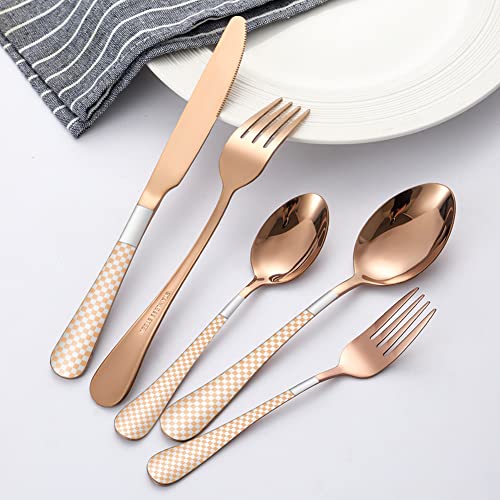 CREATIVE HOBBIES 20-Piece Silverware Set For 5,Checkered Pattern Mirror Finish Smooth Stainless Steel Fork Spoon Set Silverware Flatware Cutlery Set Include Knife/Fork/Spoon,D