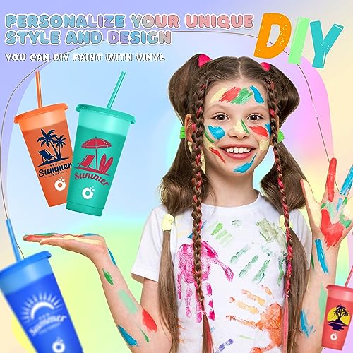 ODOSOLA Plastic Cups with Lids and Straws, 6 Pack 24oz Color Changing Cups, Reusable Cups With Lids and Straws Bulk for Adults Kid Women Party, Cute Cold Tumblers with Lids and Straws for Iced Coffee