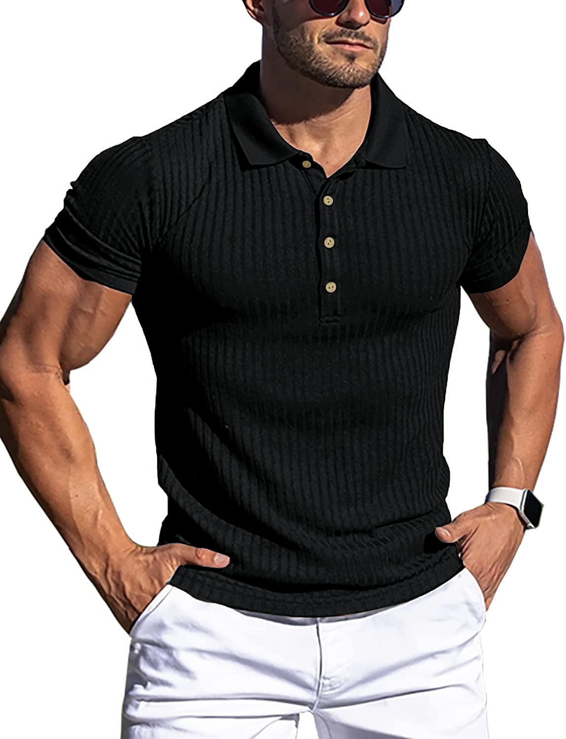 LOGEEYAR Mens Muscle Polo Shirts Short Sleeve Slim Fit Shirts Casual Ribbed Stylish Tees Black