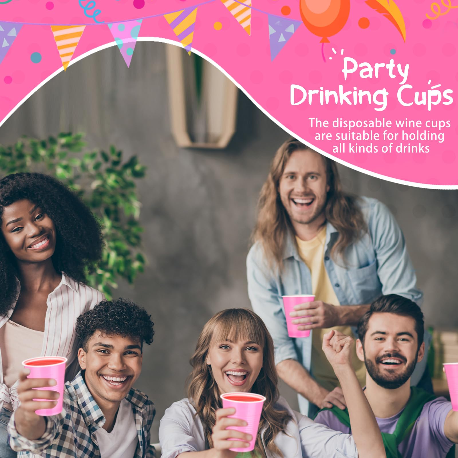 Yinkin 100 Pcs 9oz Halloween Disposable Plastic Cups Cold Drinking Cups for Birthday Party Wedding Wine Coffee Halloween Thanksgiving Christmas(Pink)
