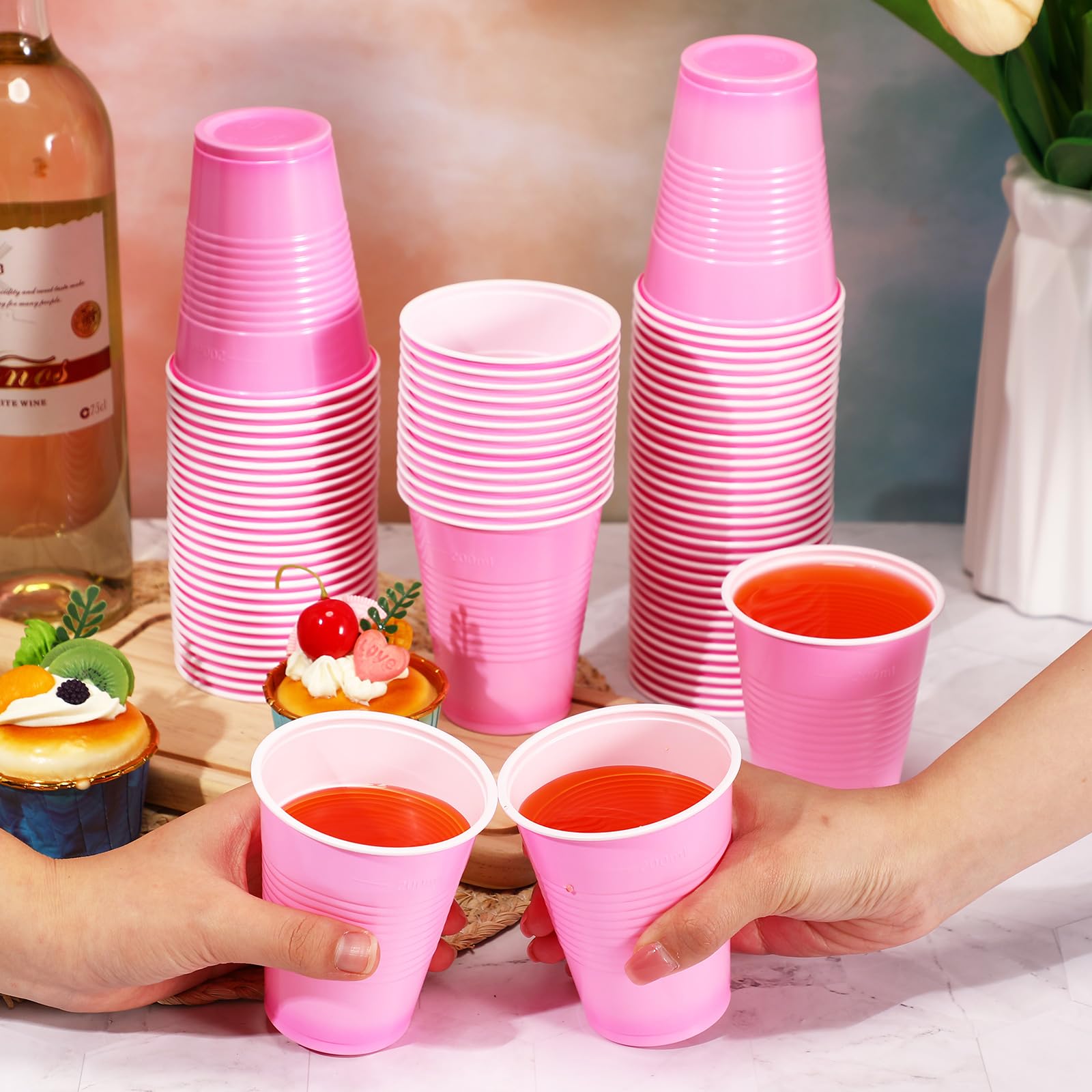 Yinkin 100 Pcs 9oz Halloween Disposable Plastic Cups Cold Drinking Cups for Birthday Party Wedding Wine Coffee Halloween Thanksgiving Christmas(Pink)