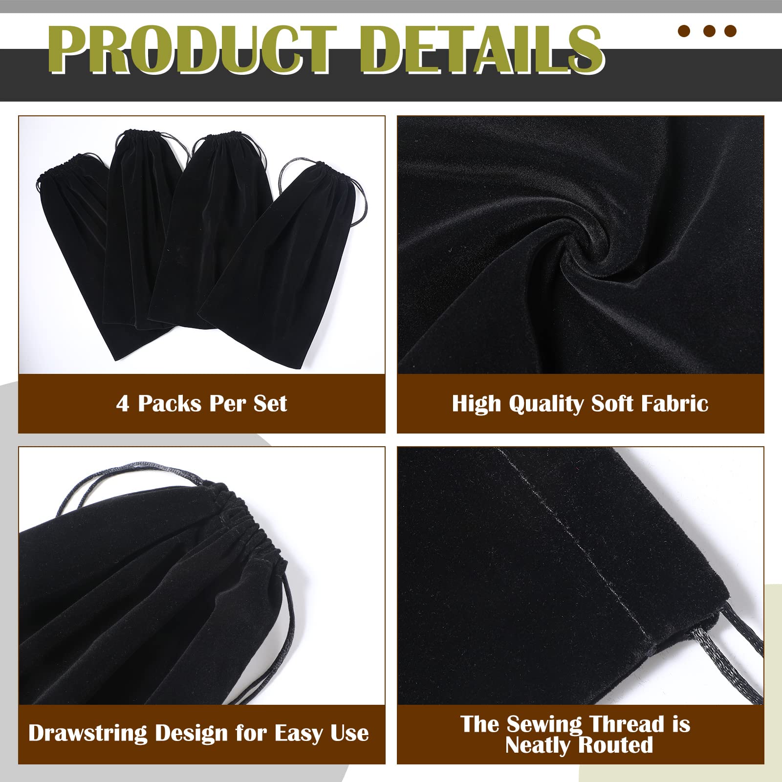 Saintrygo 4 Pieces Silver Storage Bags Anti Tarnish Cloth Bag for Storage, Jewelry, Flatware, Silverplate, Silver Polishing Cloth for Tarnish Cleaning(9.8 x 12.8 Inch,Black)